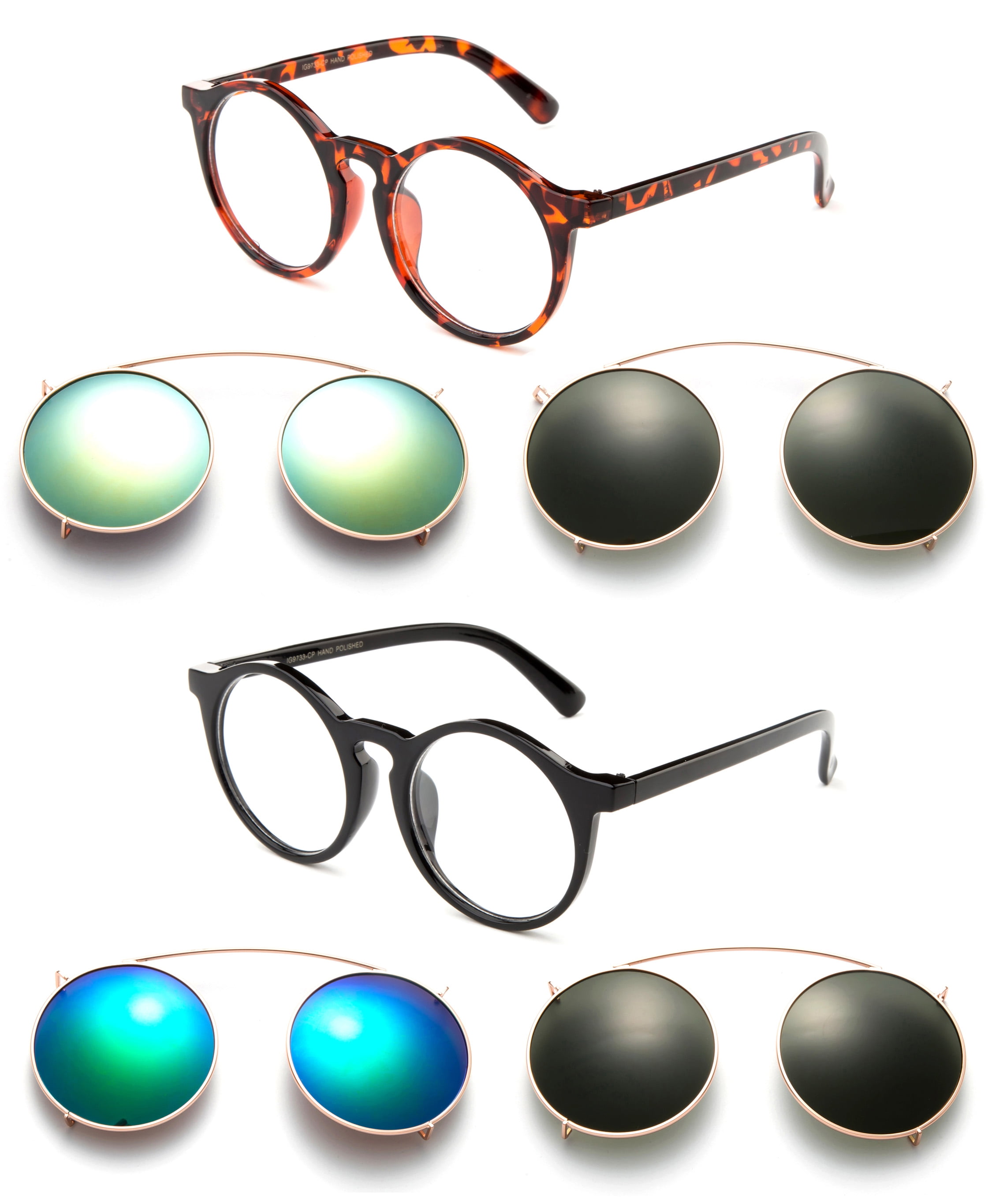 2 Pack 3 in 1 Package Classic Round Clear Lens Frame with Two Clip Ons ...