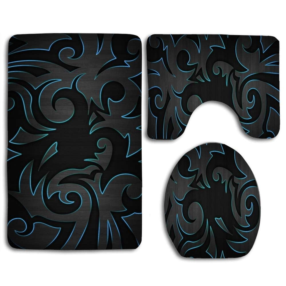 PUDMAD Black and Teal Tribal Fantasy Abstract 3 Piece Bathroom Rugs Set ...
