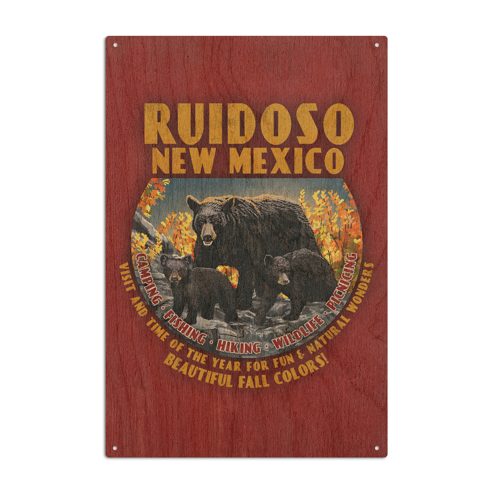 Ruidoso, New Mexico, Black Bears, Vintage Sign, Contour Birch Wood Wall ...