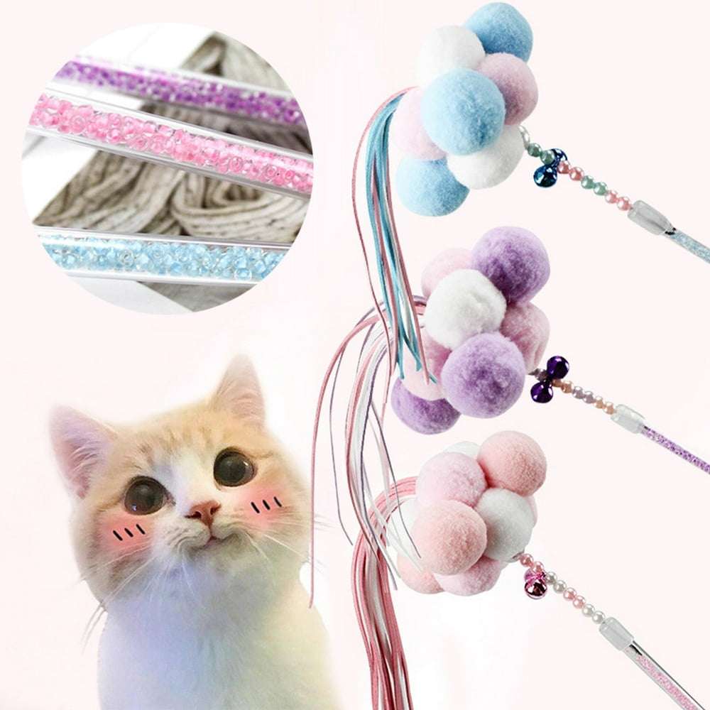 SPRING PARK Cat Teaser Wand Toy Long Rod Jingle Bell Pompom Plush Ball ...