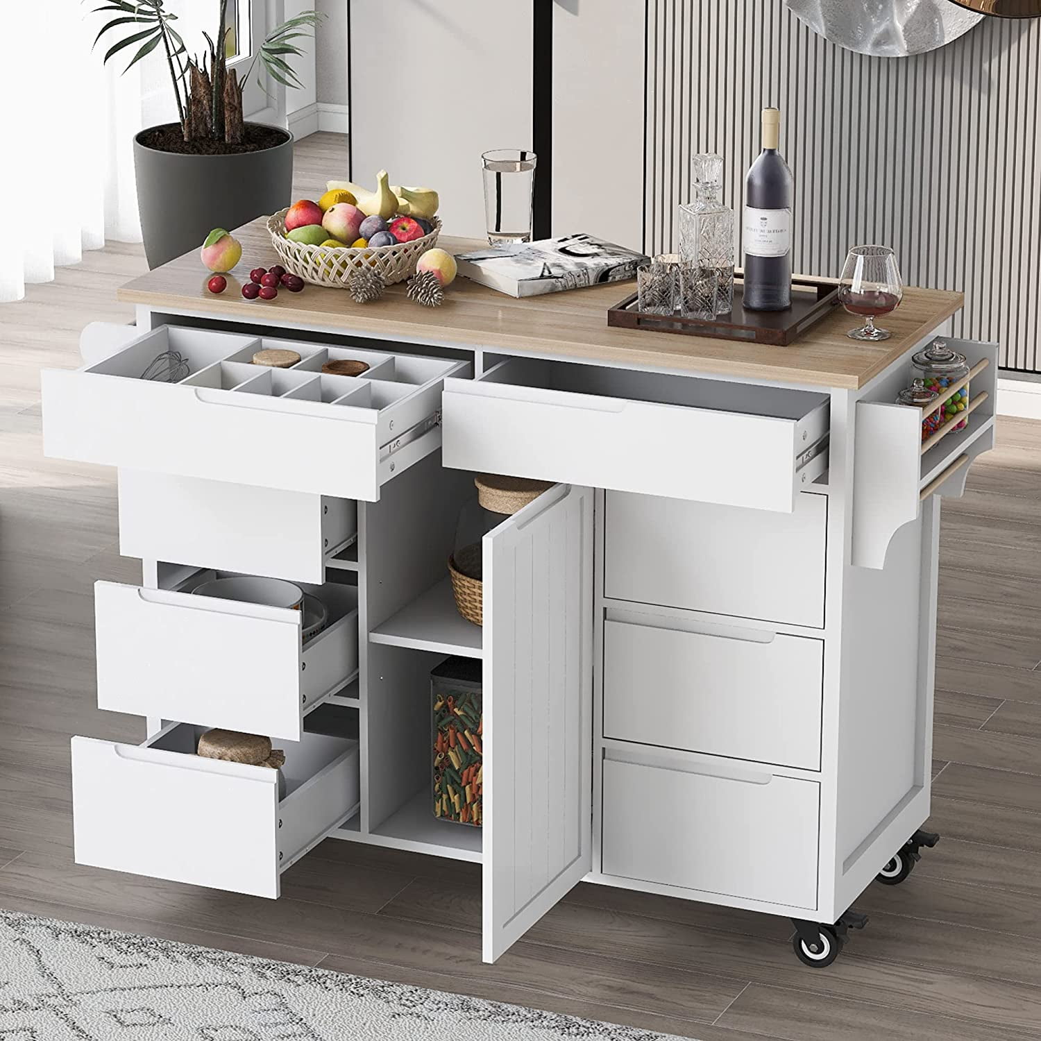 AngLink Kitchen Cart Island with Rubber Wood Countertop - Movable ...