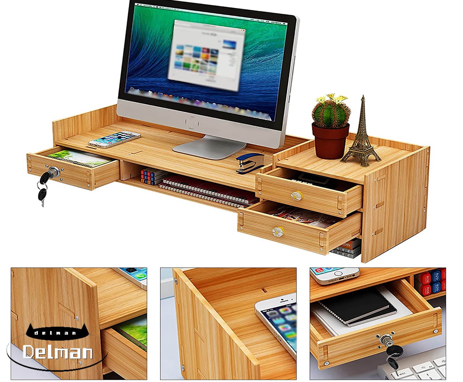 Wood Monitor Stand Riser, Computer Monitor Stand with Drawers, Desktop ...