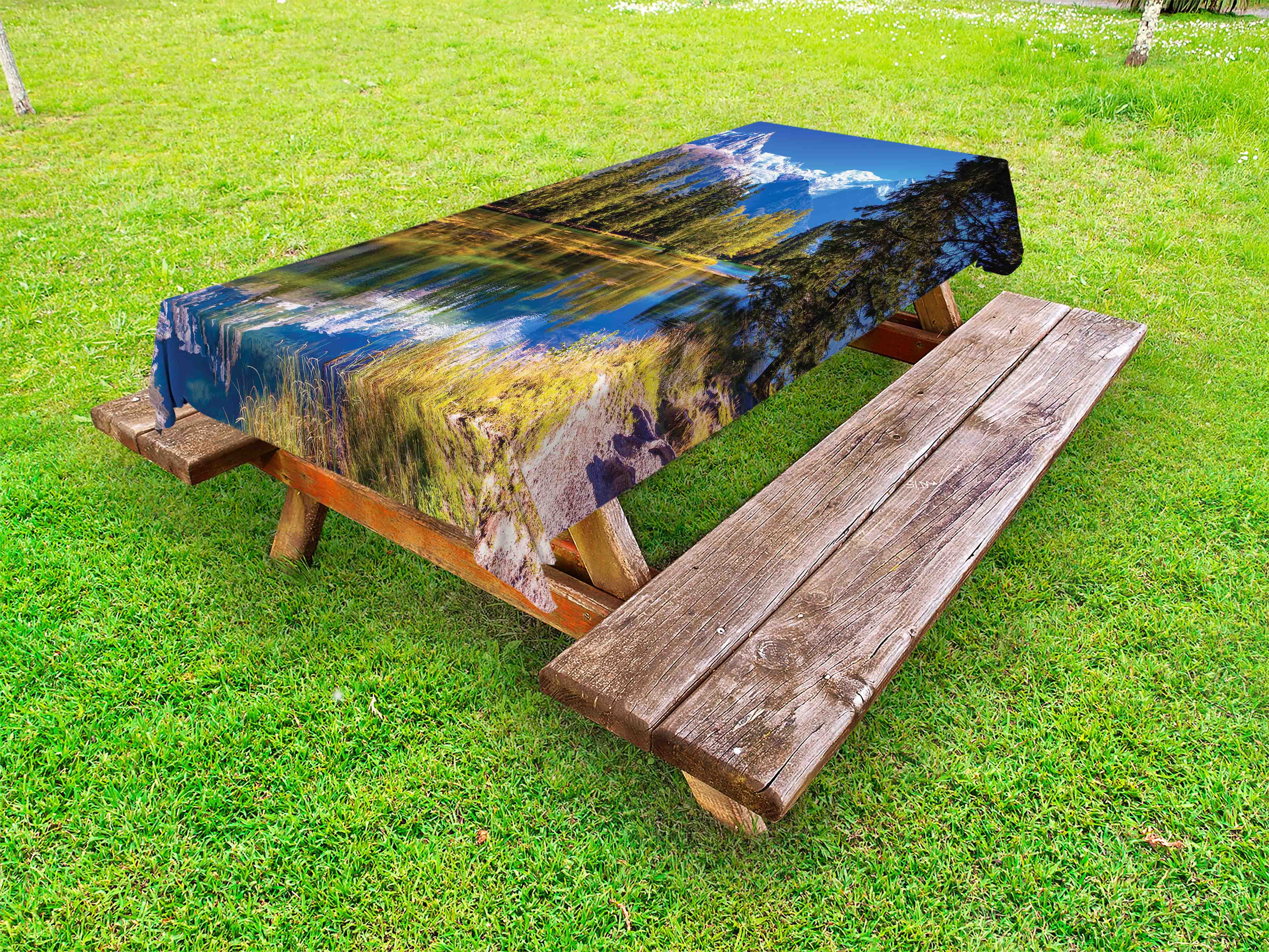Mountain Outdoor Tablecloth, Snow Covered Alps Peaks Covered with Fir ...