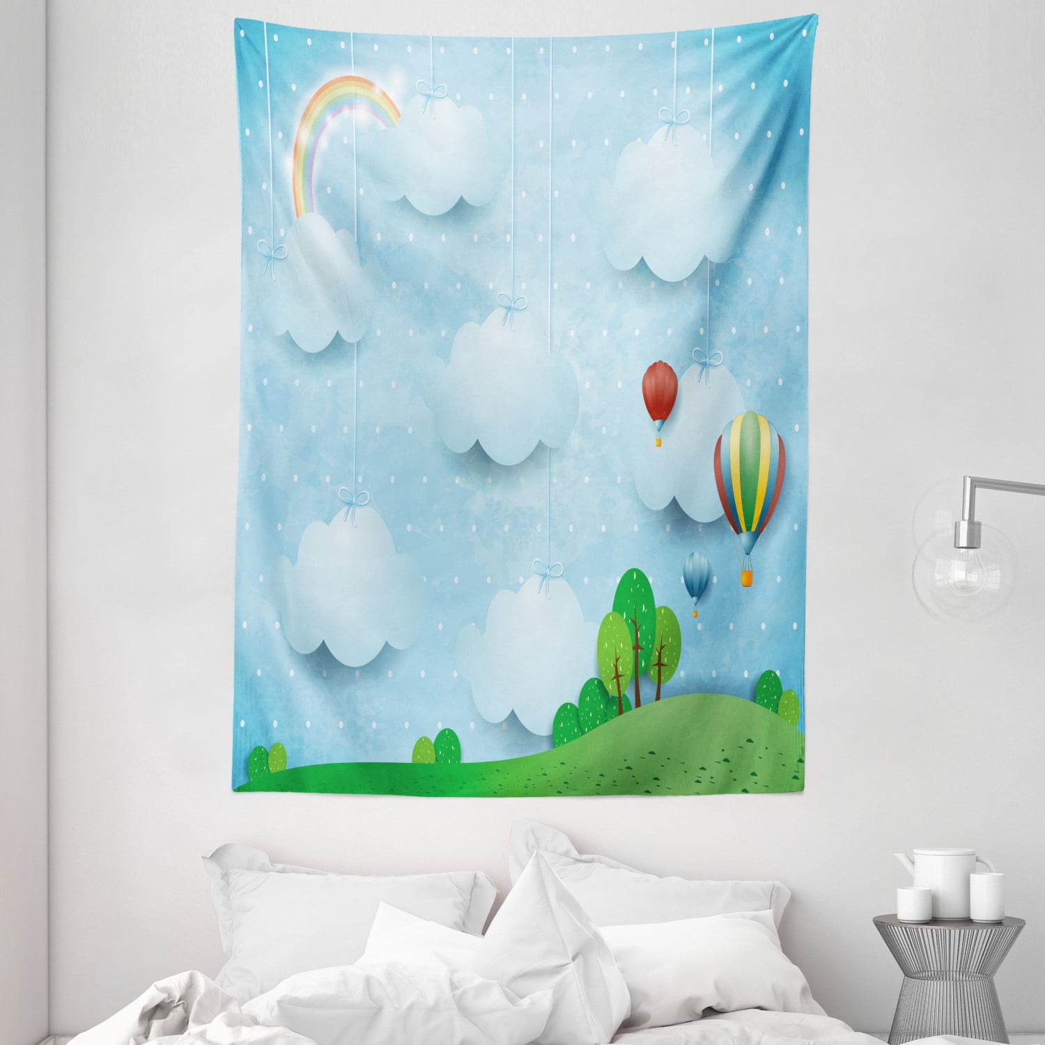 Kids Tapestry, Boys Girls Nursery Theme with Balloons Clouds and Stars ...