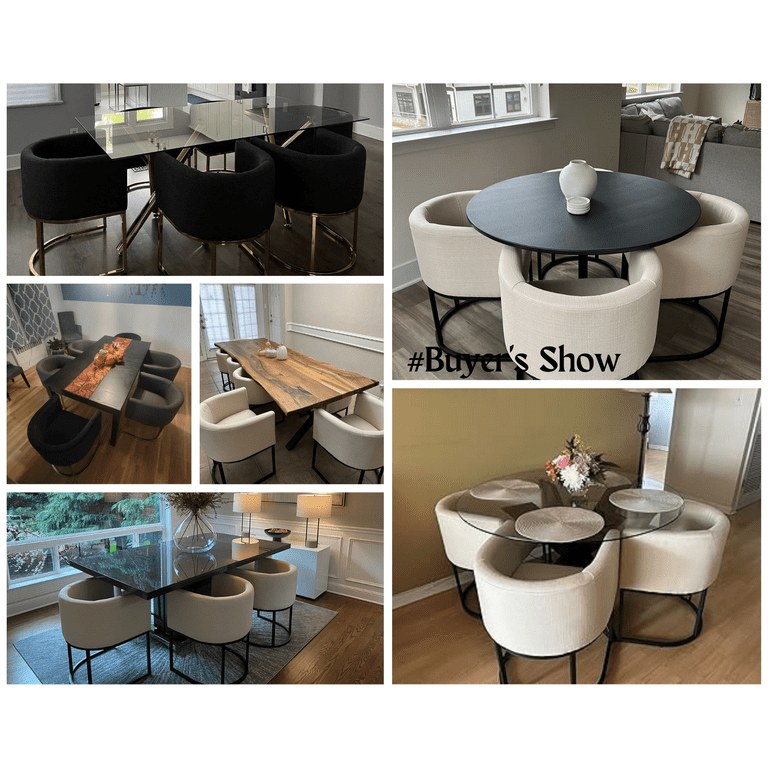 Guyou Modern Linen Dining Chair Mid century Upholstered Barrel Kitchen Chairs Fabric Side Chair with Metal Legs and Curved Back for Living Room
