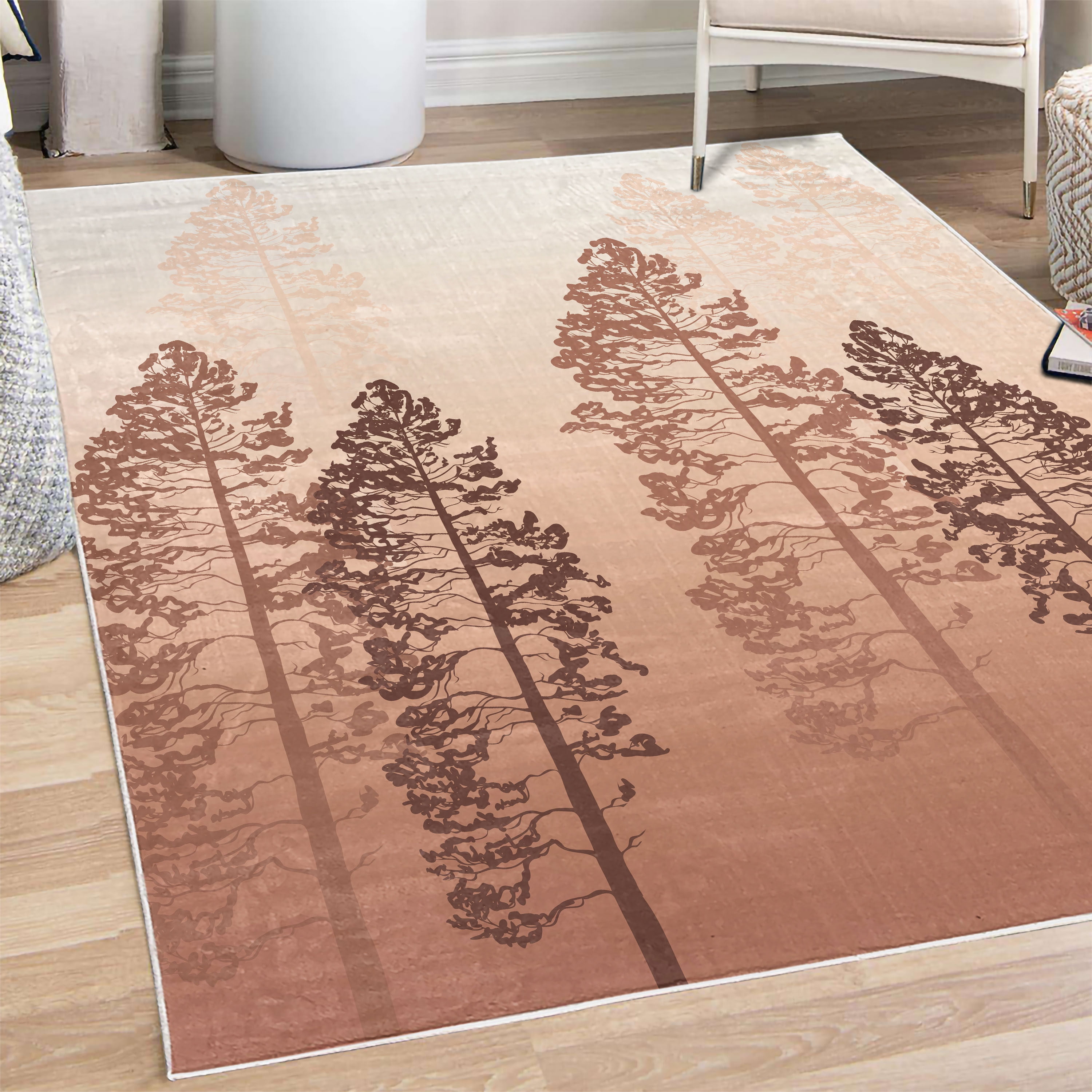 Country Decorative Rug, Pine Trees in the Forest on Foggy Seem Ombre ...