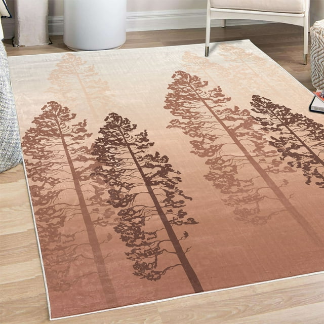 Country Decorative Rug, Pine Trees in the Forest on Foggy Seem Ombre ...
