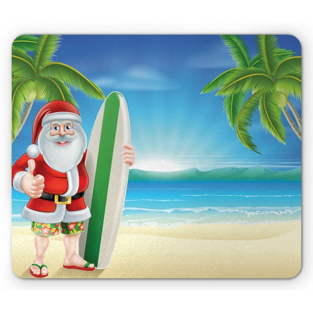 Christmas Mouse Pad, Santa Claus with Trunks on the Beach and Surfboard ...