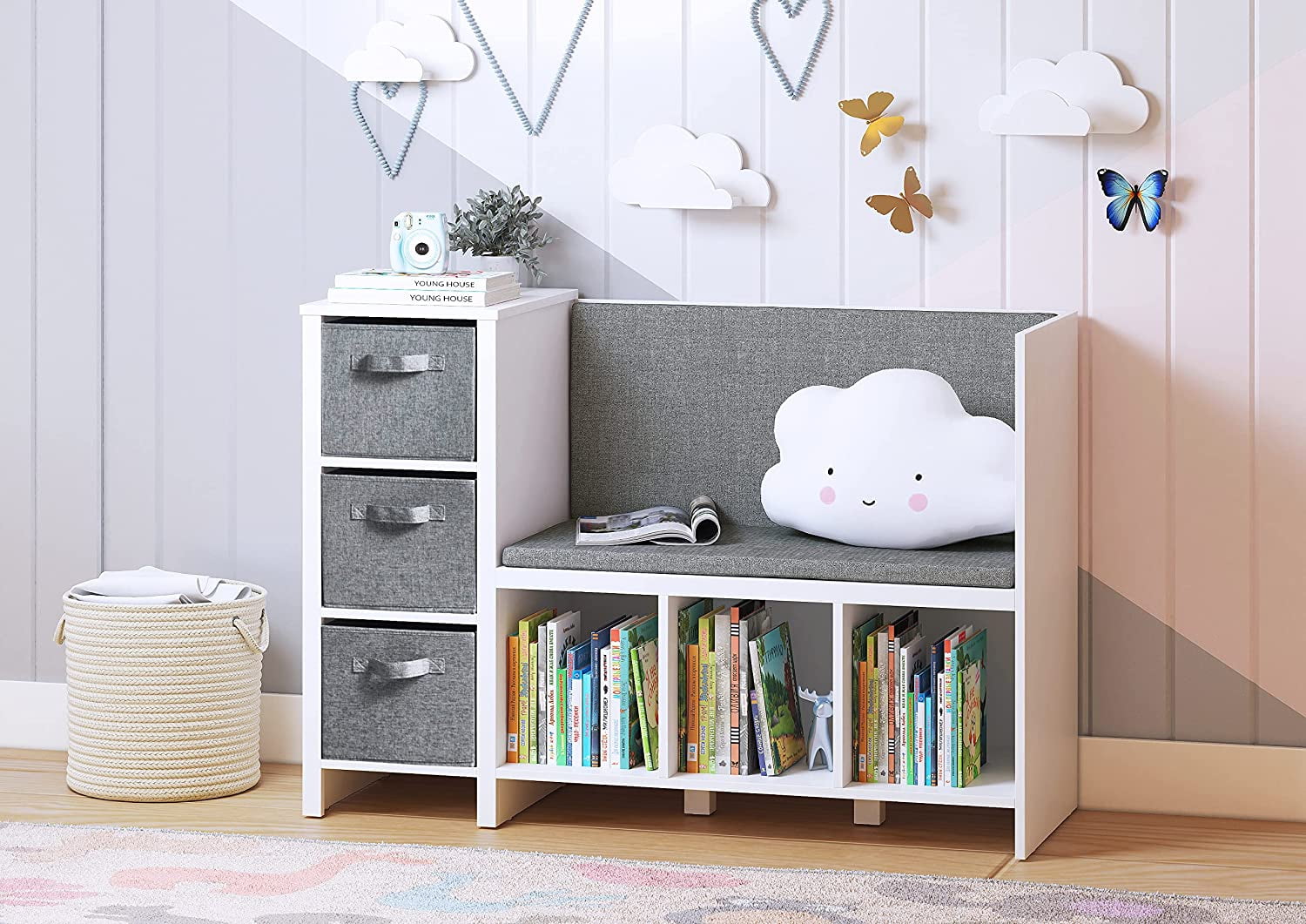 UTEX Kids Bookcase with Reading Seat, 6-Cubby Kids Toy Storage ...