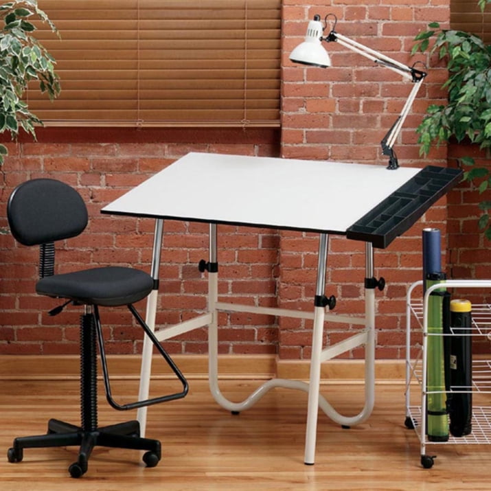 Alvin Creative Center White Base Onyx Table with Drafting Chair Storage ...