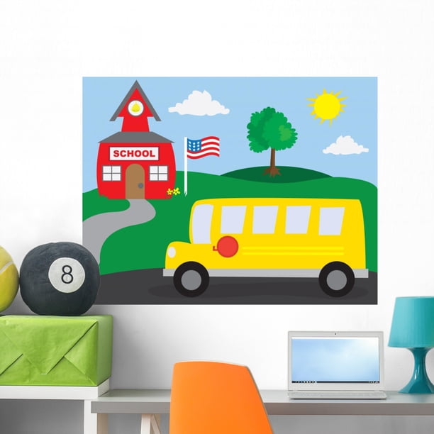 School and School-bus Wall Mural by Wallmonkeys Peel and Stick Graphic ...