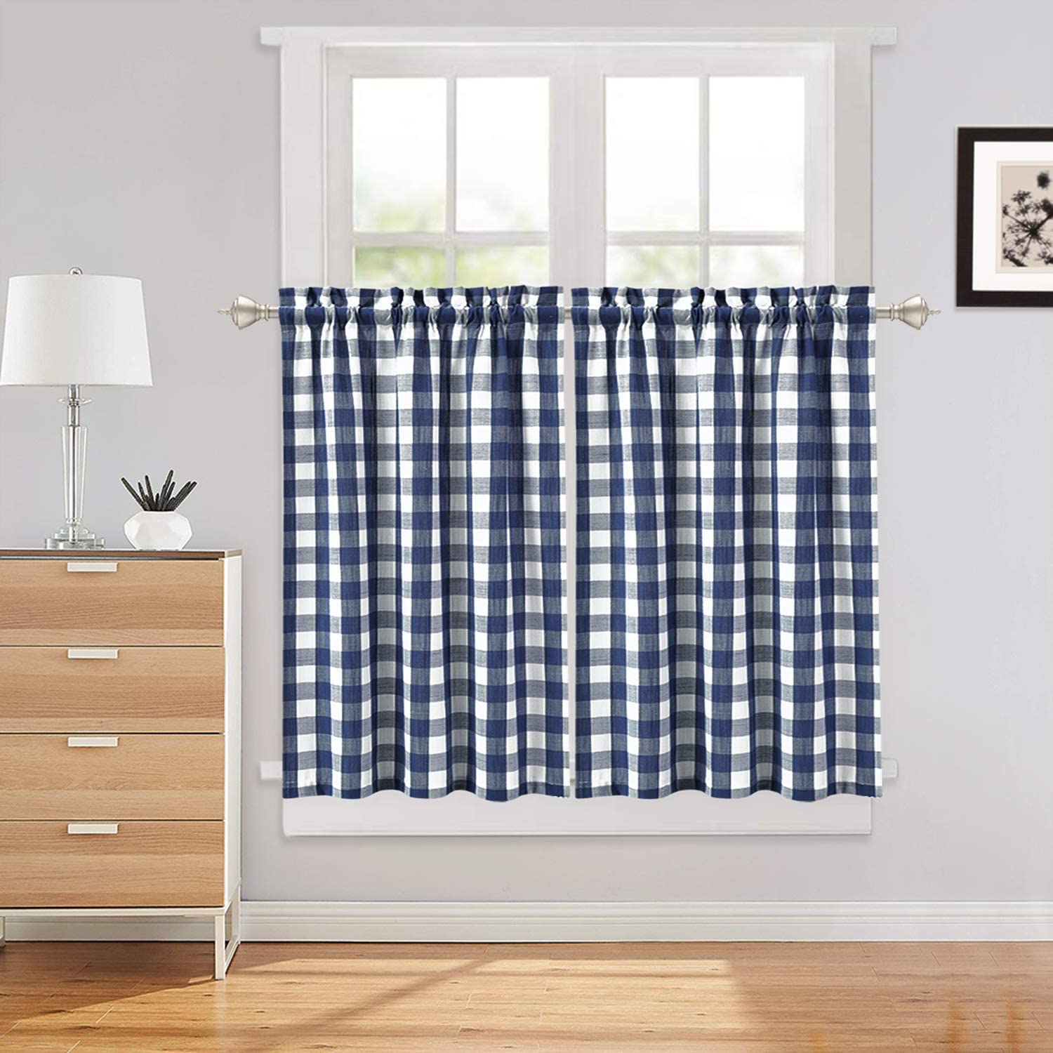 GlowSol Navy BLue 36 inches Buffalo Check Plaid Gingham Drapery Half ...