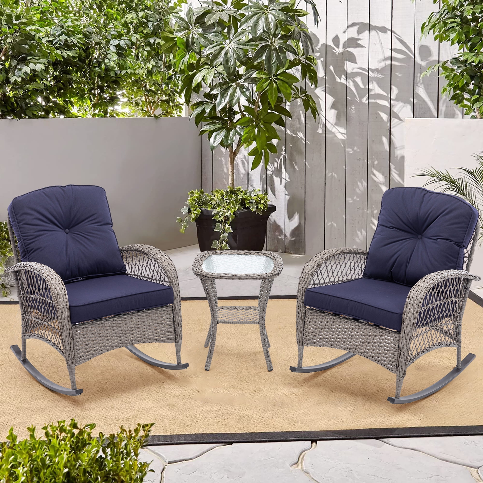 3 Piece Patio Rocking Chairs, Rocking Conversation Set with Blue ...