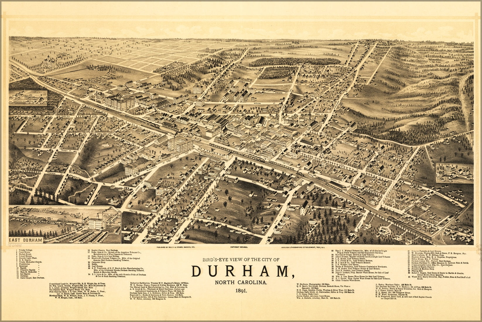 24"x36" Gallery Poster, birdseye view map of Durham, North Carolina ...