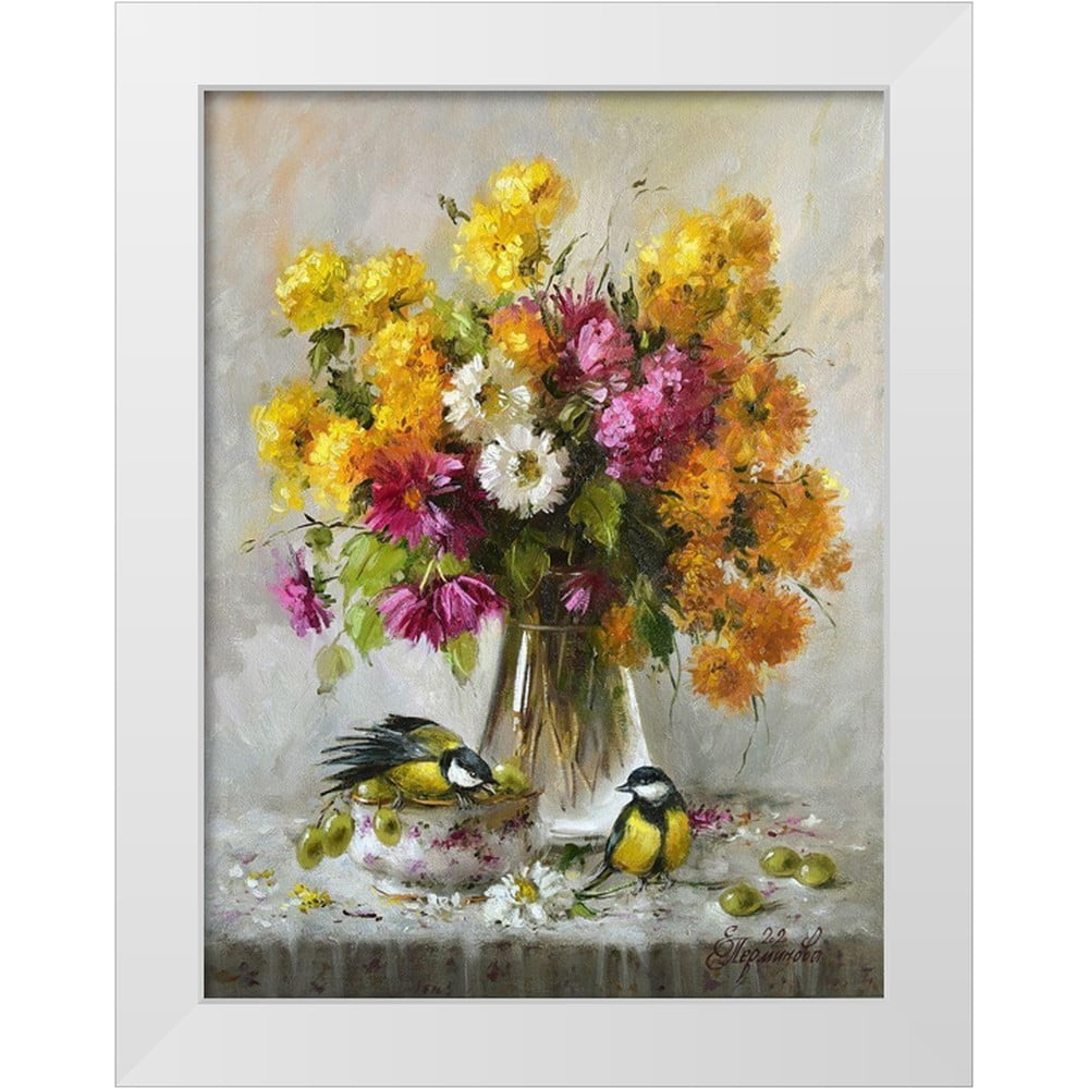 Perminova, Elena 19x24 White Modern Wood Framed Museum Art Print Titled - Green Birds with ...