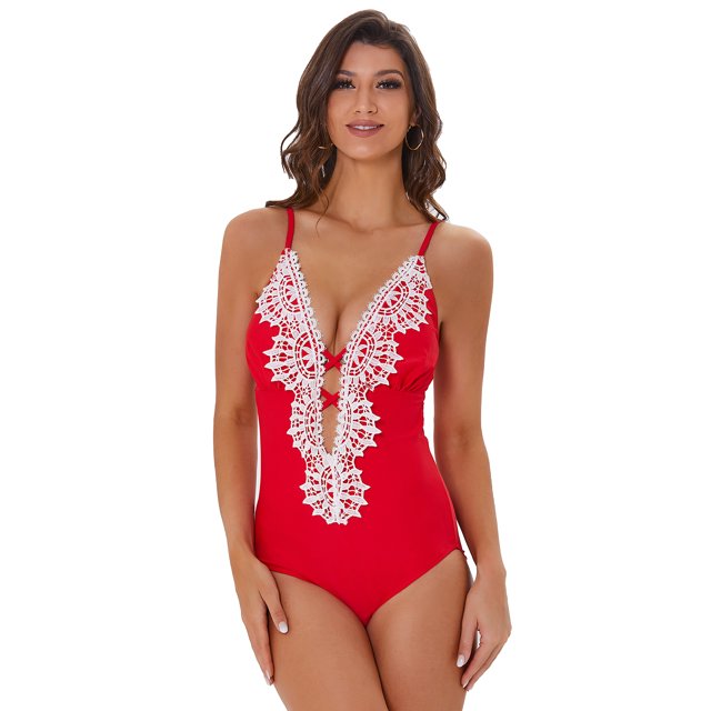 Liora Womens New Stylish Chic Lace Trim Deep V Neck Slim Fit One Piece