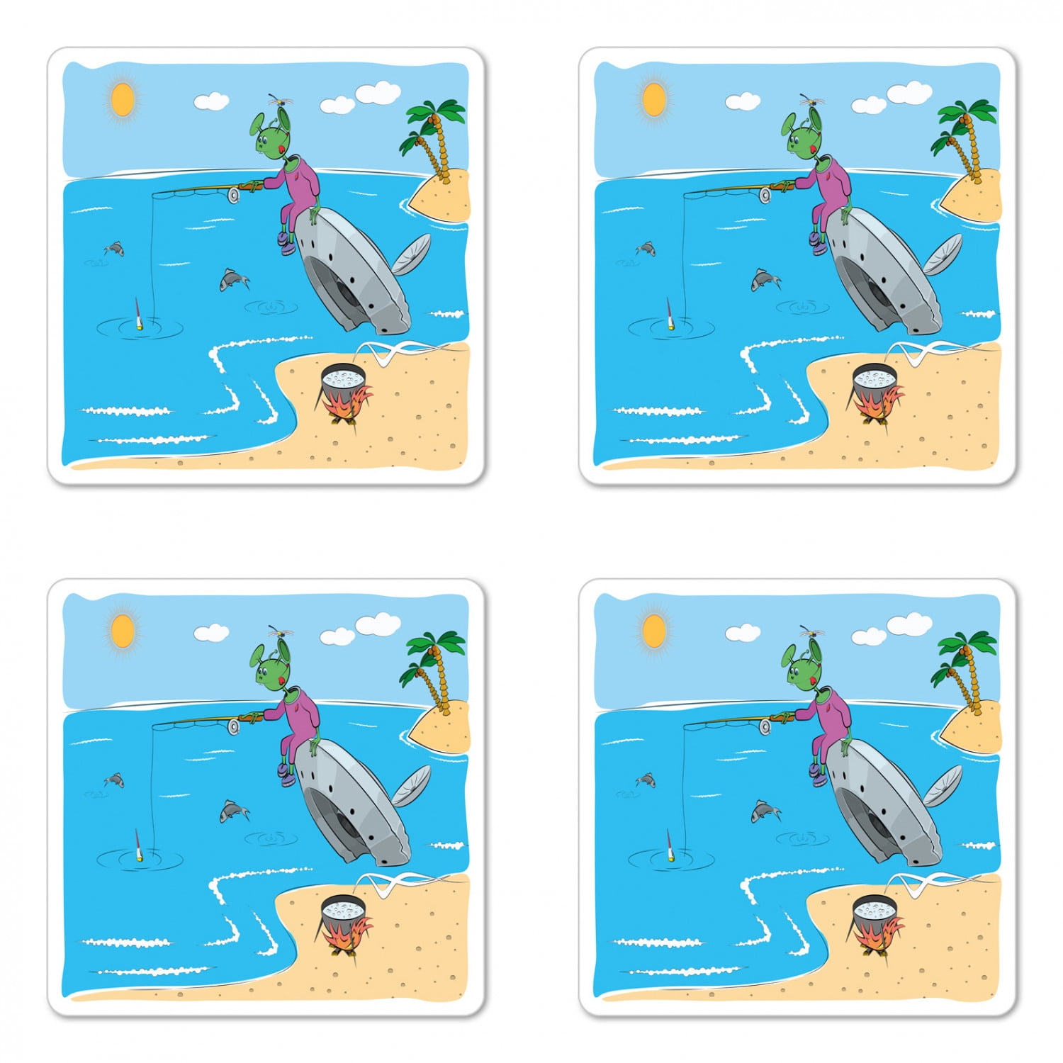 Alien Coaster Set of 4, Green Monster Fishing in the Sea Sitting on a ...