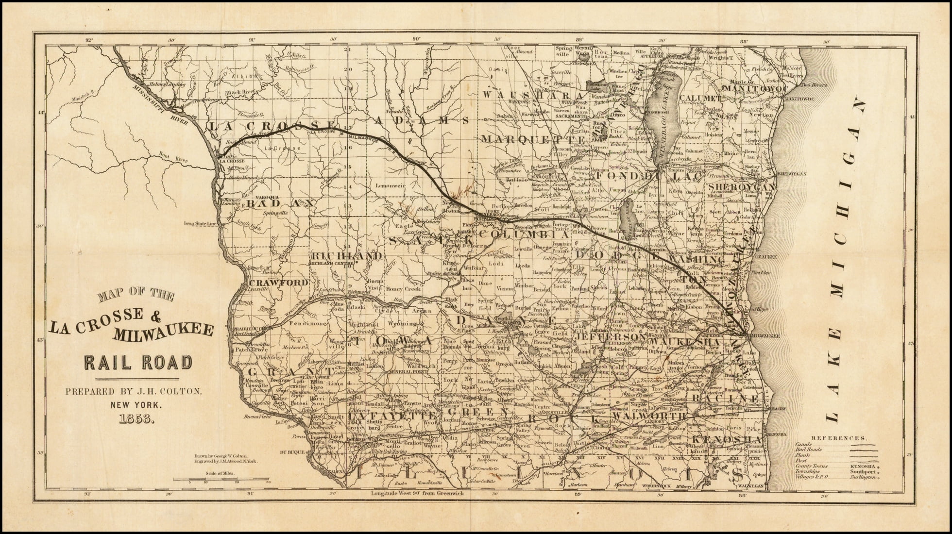 Map of the La Crosse & Milwaukee Rail Road . . . 1853-20 Inch By 30 ...