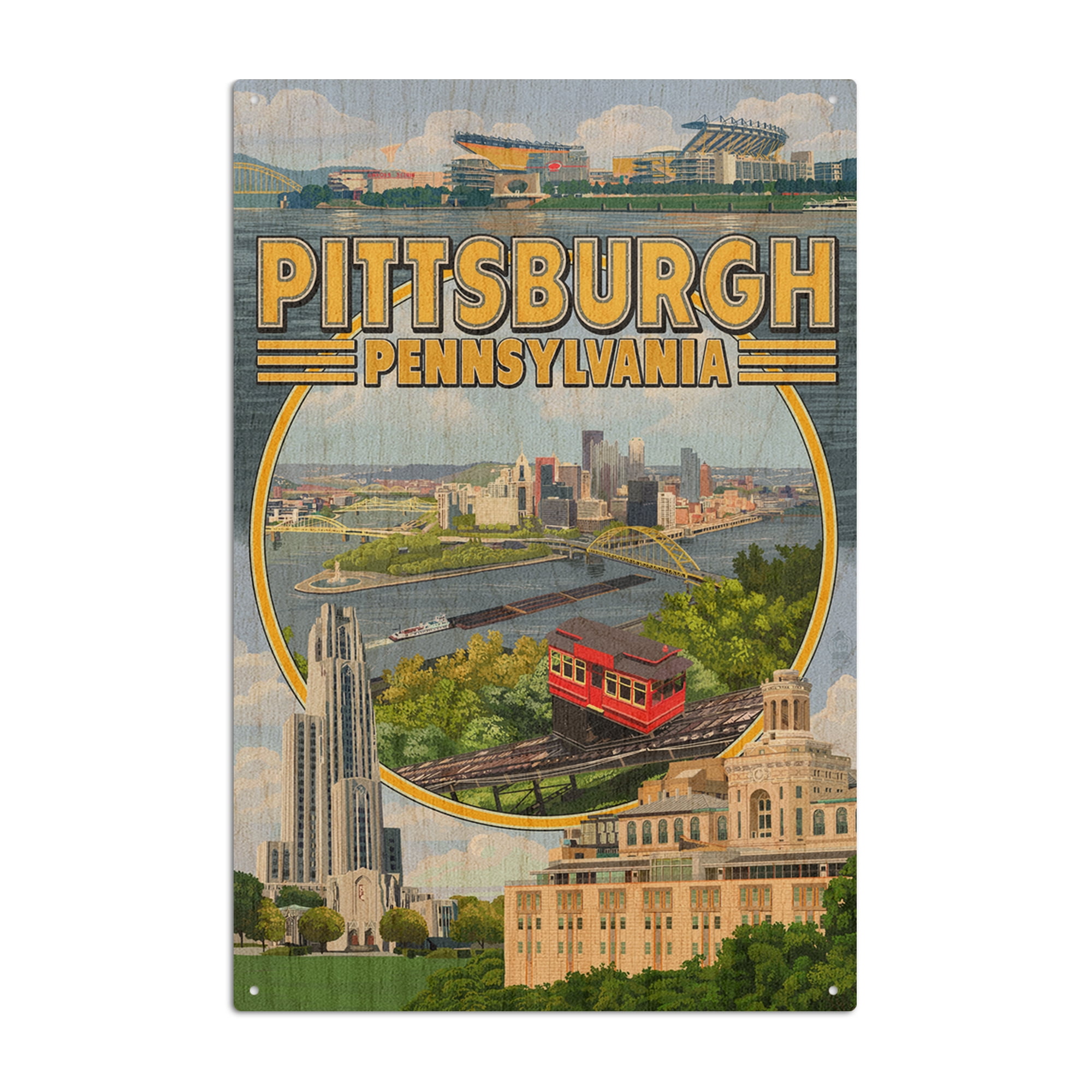 Pittsburgh, Pennsylvania, Montage Scenes Birch Wood Wall Sign (6x9 ...