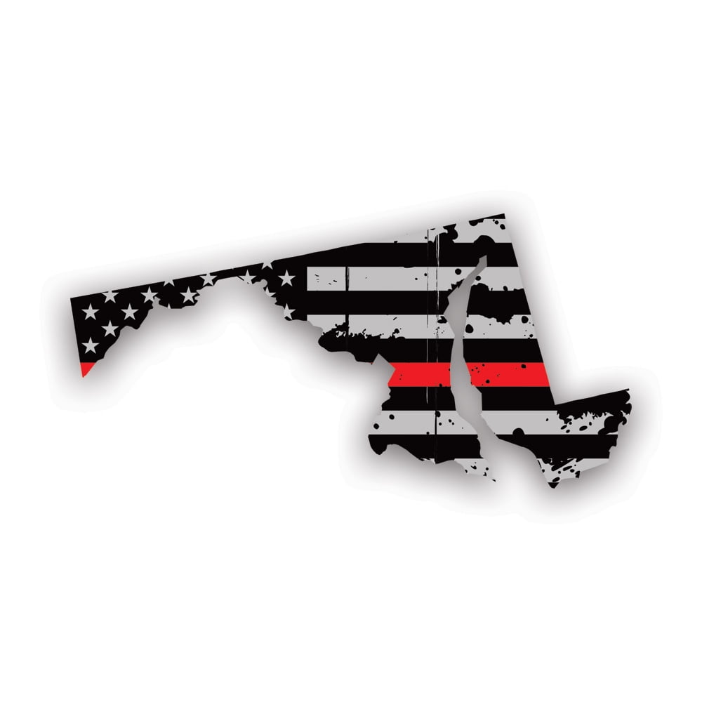 Distressed Maryland State Shaped Subdued US Flag Thin Red Line Sticker ...