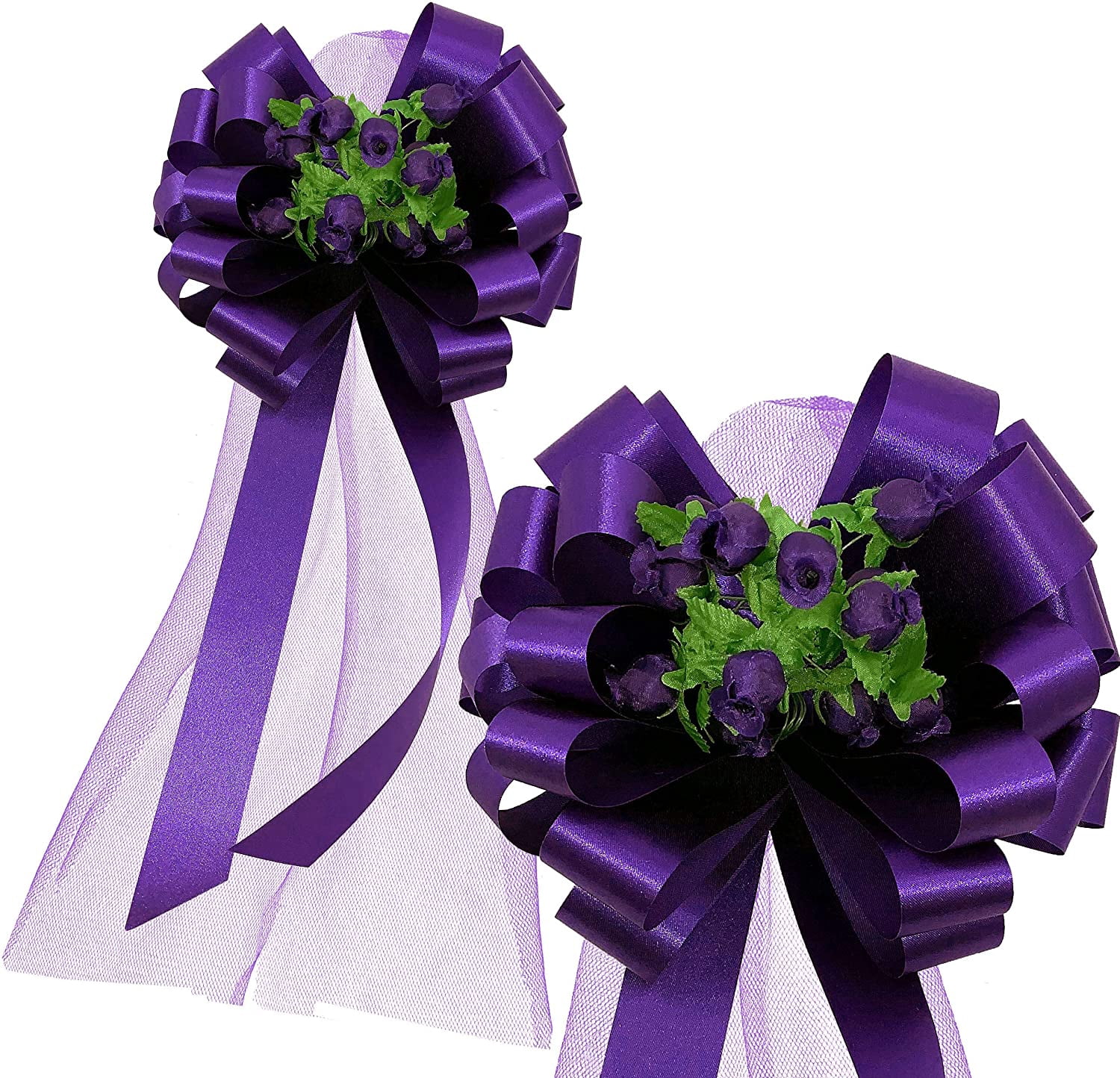 Purple Pull Bows with Tulle Tails and Rosebuds - 8" Wide, Set of 6 ...