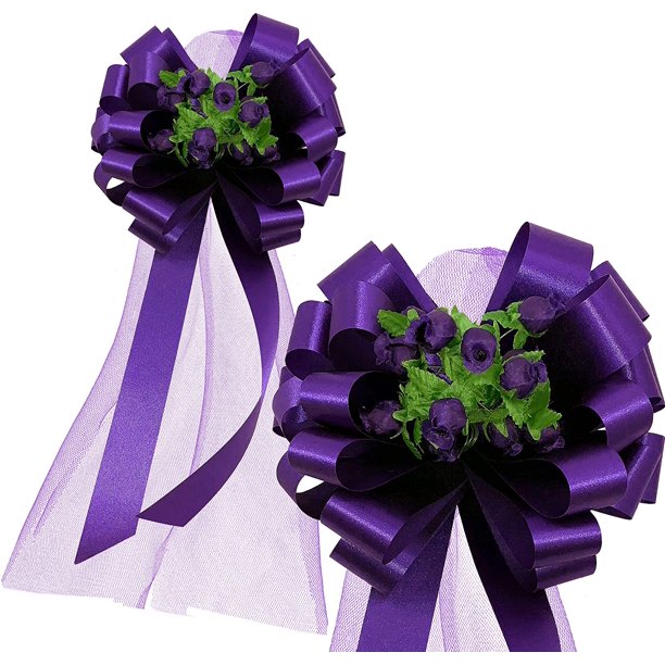 Purple Pull Bows with Tulle Tails and Rosebuds - 8" Wide, Set of 6 ...