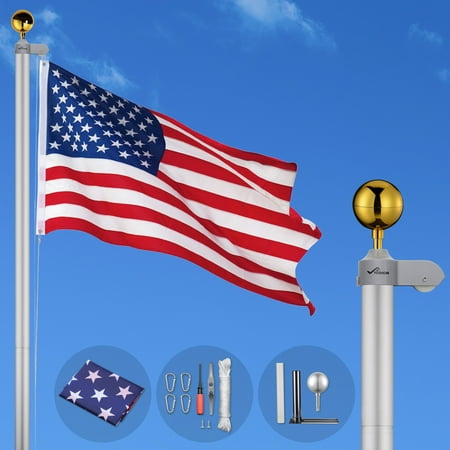 LAGarden 25FT Aluminum Flagpole Kit with Tire Mount Base Flag Ball Top ...