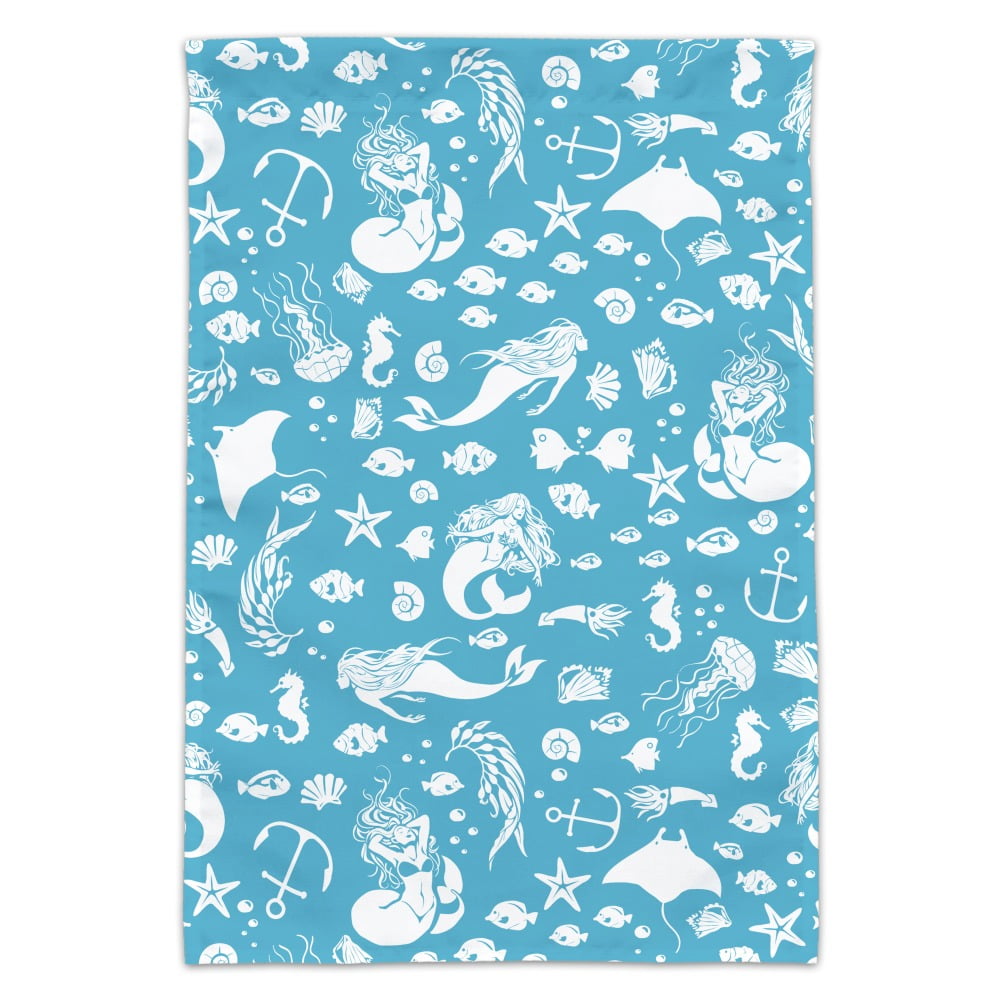 Blue Mermaid Pattern with Seashells Fish Manta Rays Ocean Garden Yard ...