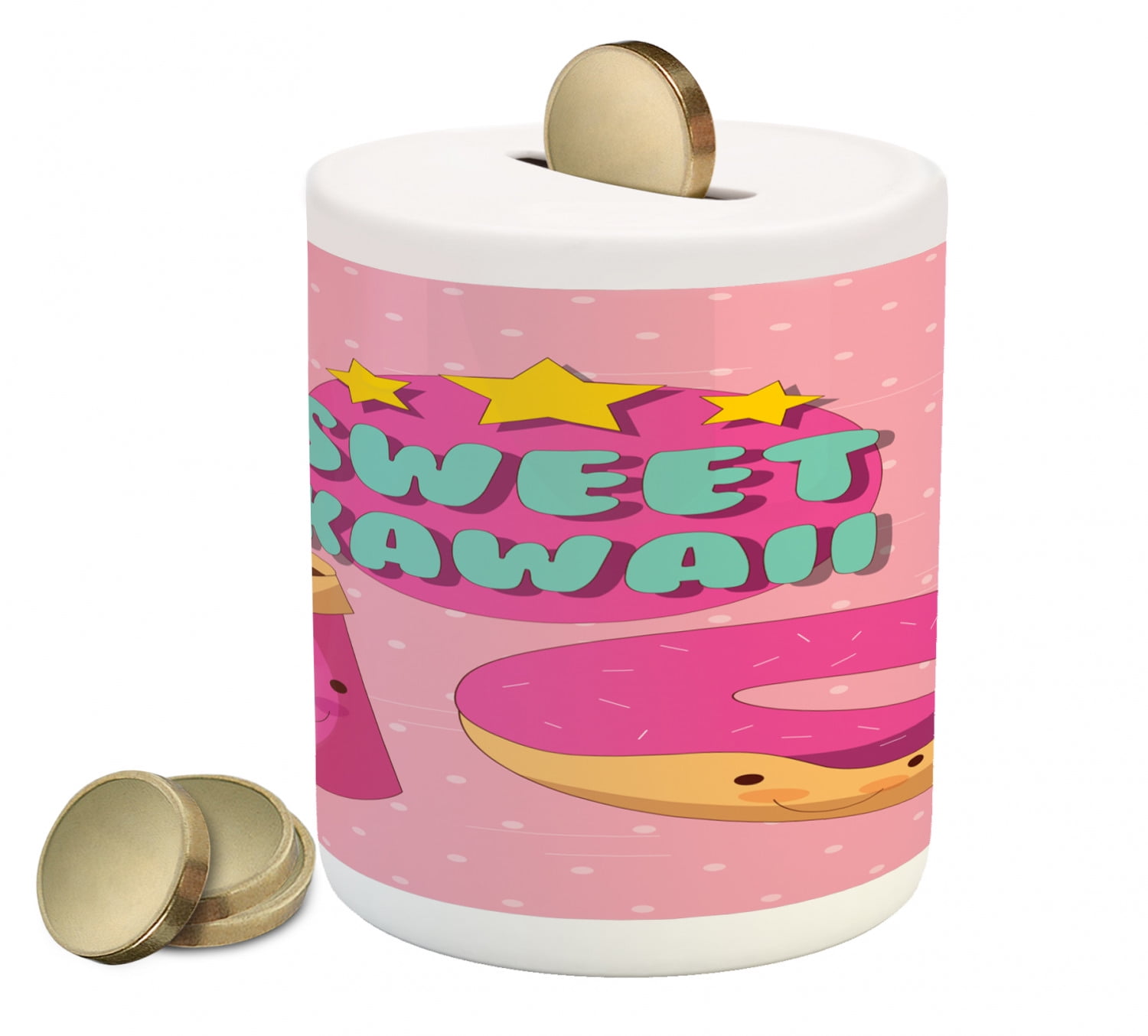 Anime Piggy Bank, Kawaii Lettering with Donut and Coffee Smiling ...