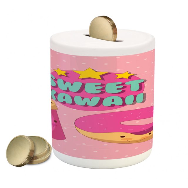 Anime Piggy Bank, Kawaii Lettering with Donut and Coffee Smiling ...