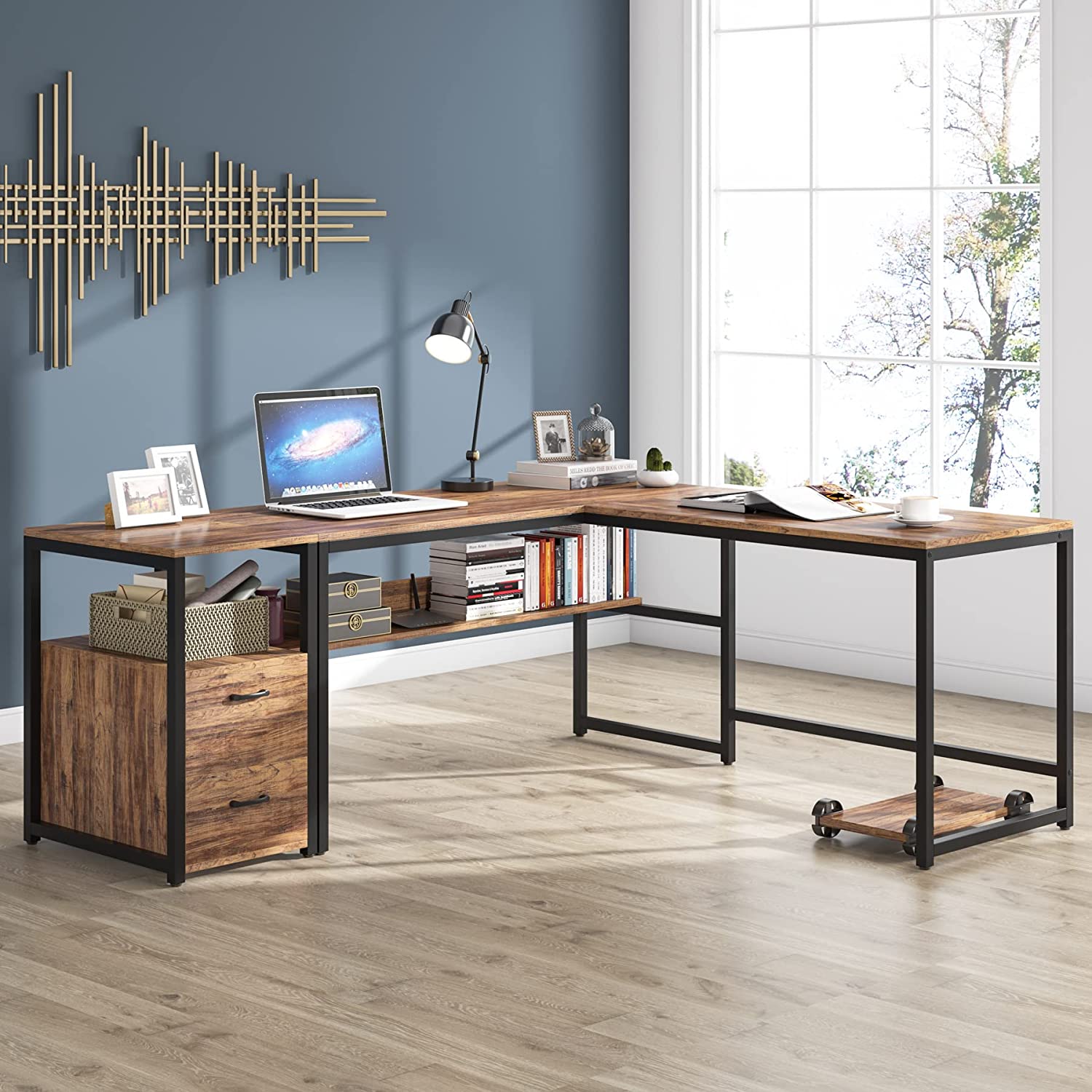 Tribesigns 70 Inch Modern L-Shaped Desk with Bookcase and Cabinet, L ...