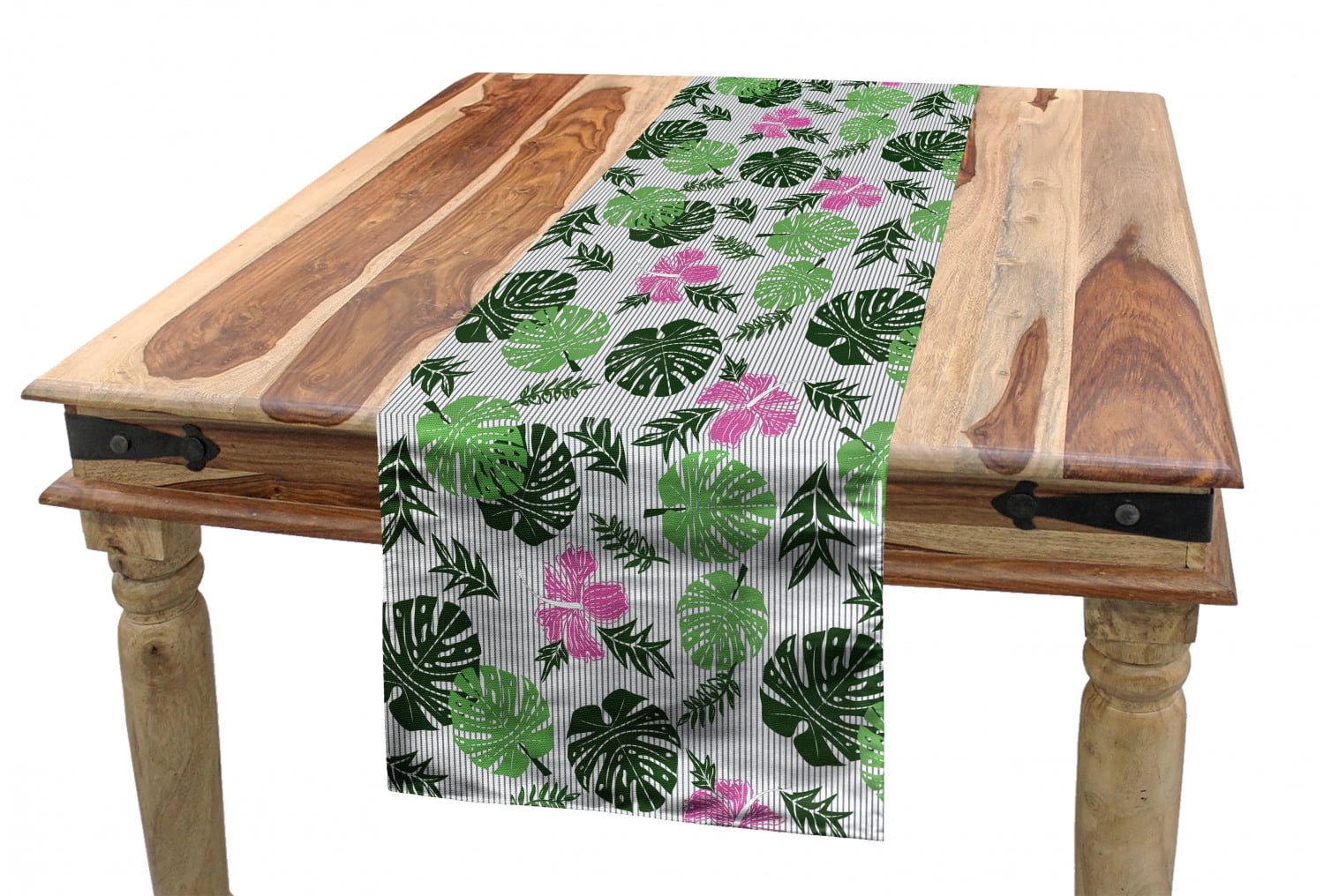 Tropical Table Runner, Exotic Leaves and Flowers on Thin Stripes Summer ...