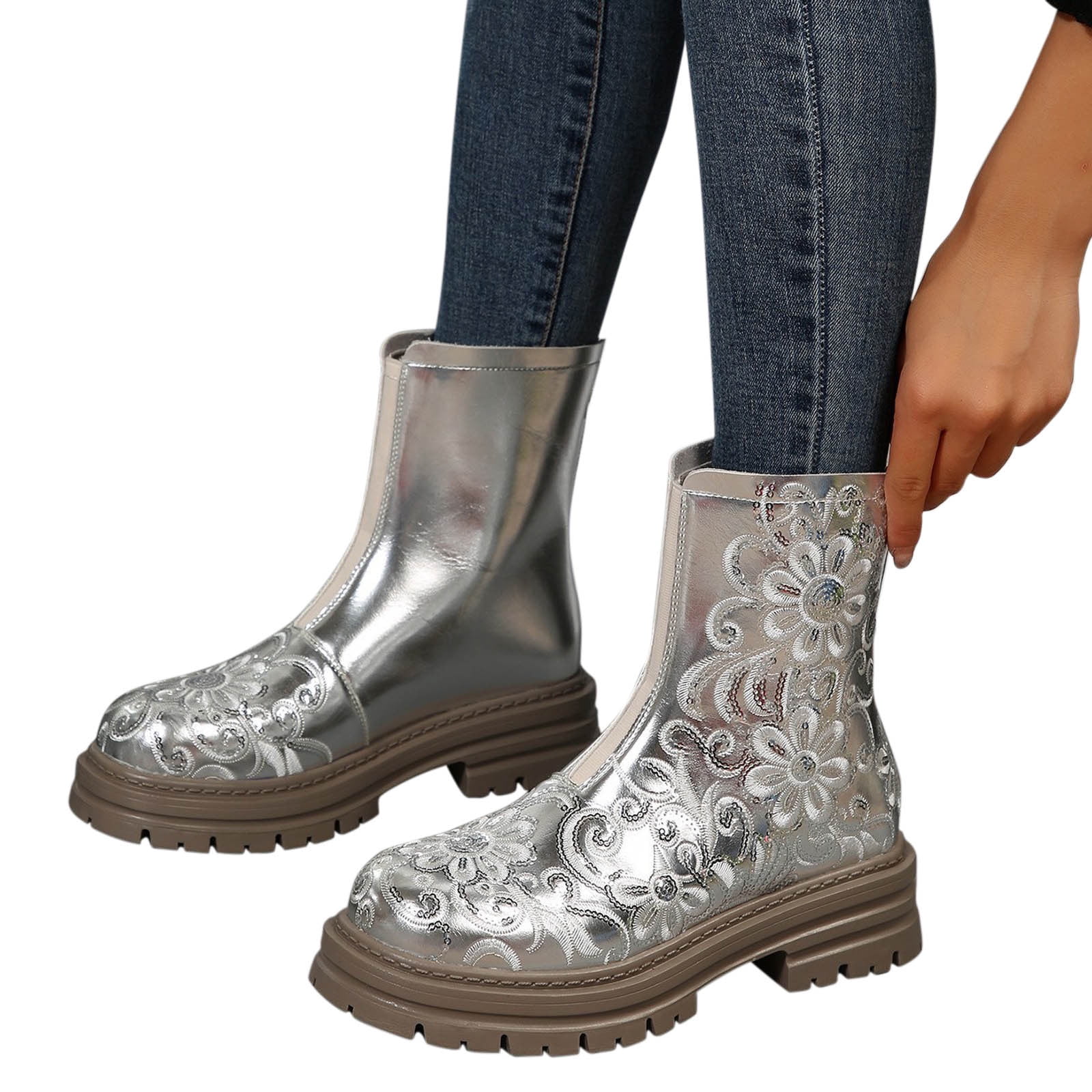 Styesk Boots for Women Western Cowboy Boots Gold Print Silk Short Boots ...