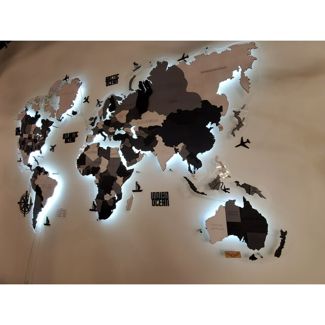 Led Light 3D Wood World Map for Wall Decor - Home Decor World Map with 6ft Power Cord - 3D Wood ...
