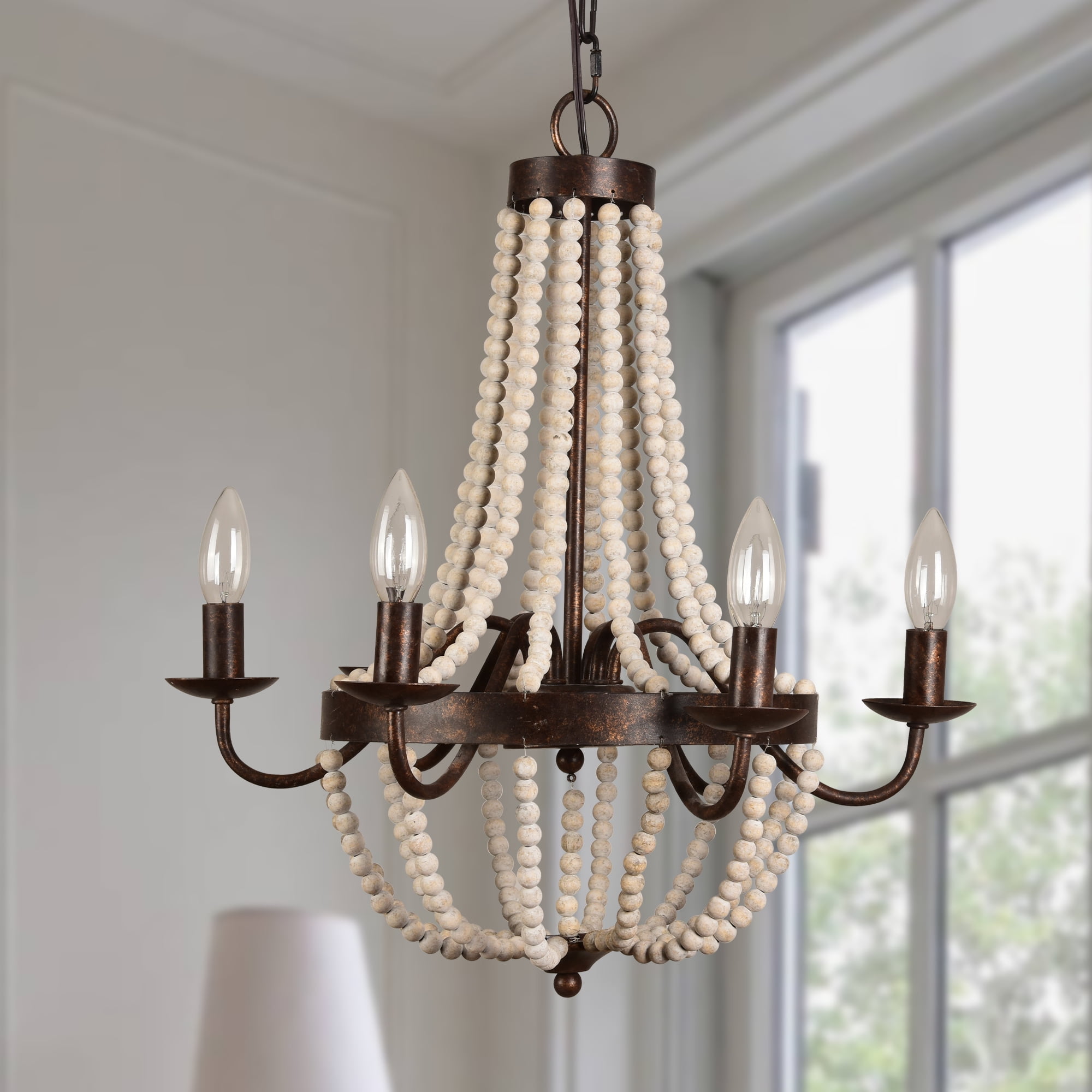 6-Light Bohemian Wooden Bead Chandelier Black Farmhouse Country Style ...
