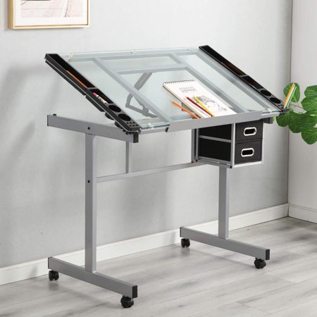 Glass Drafting Table Adjustable Drawing Table Craft Station Center With ...