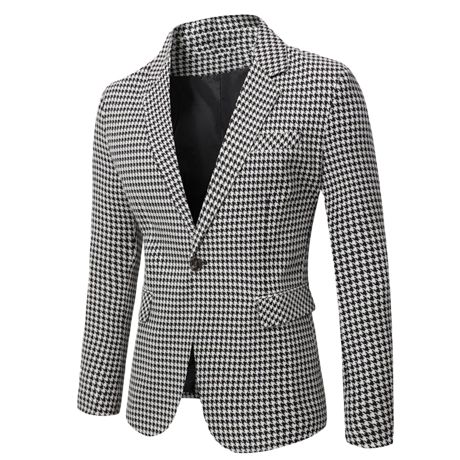 Men's Houndstooth Suit Jacket One Button Business Formal Blazer Suit ...