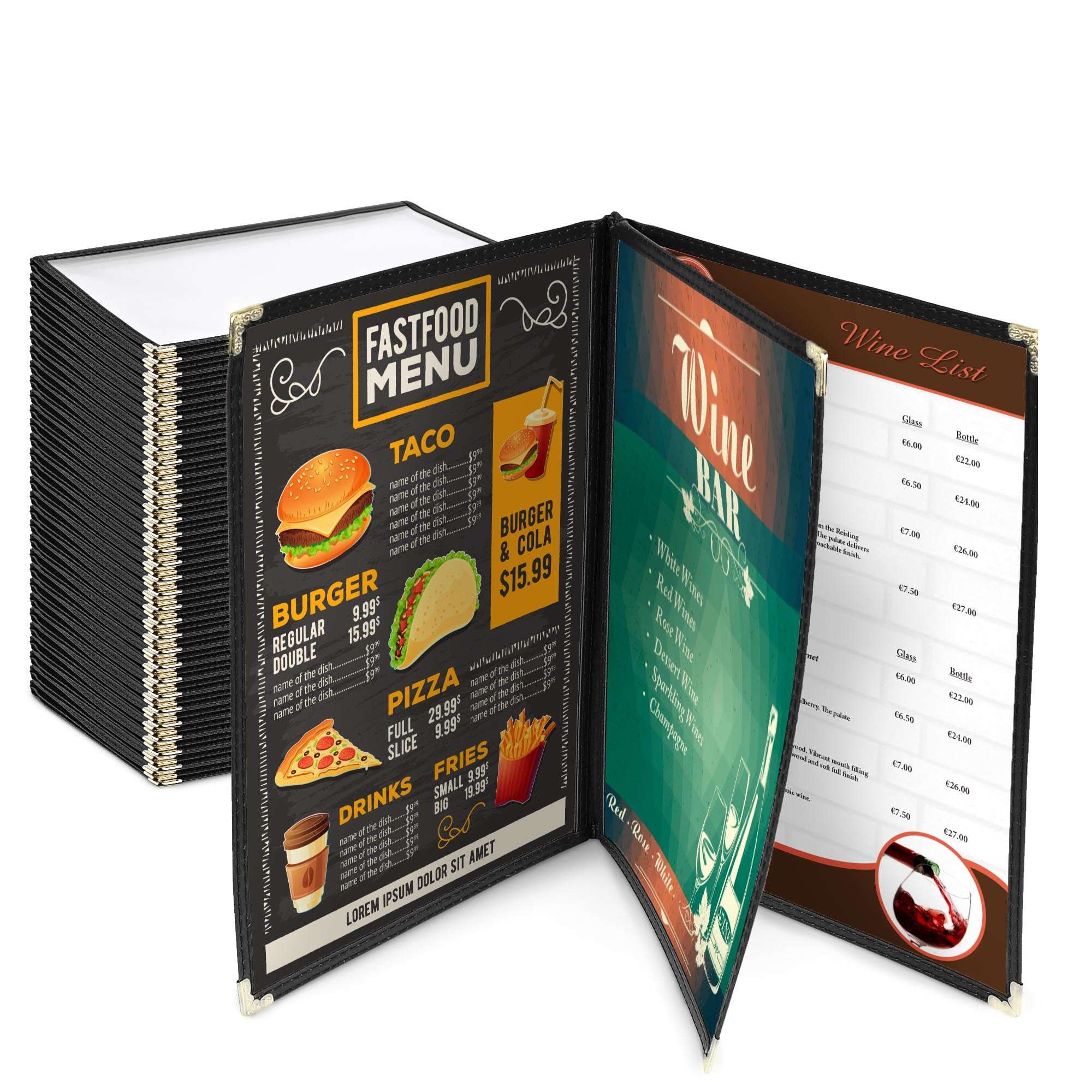 Wechef 30 Pack 8.5"X14" Menu Covers 3 Pages 6 Views Black Triple Book Style Cafe Restaurant ...