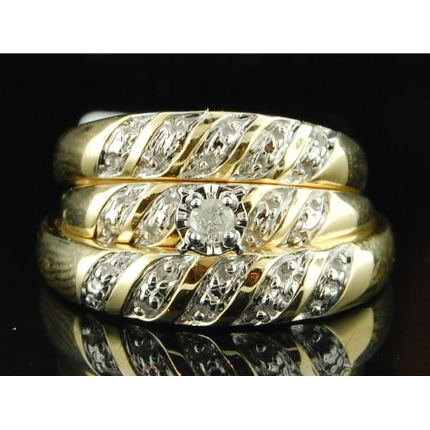 Diamond Trio Set 14K Yellow Gold Matching Engagement Ring Wedding Band ...