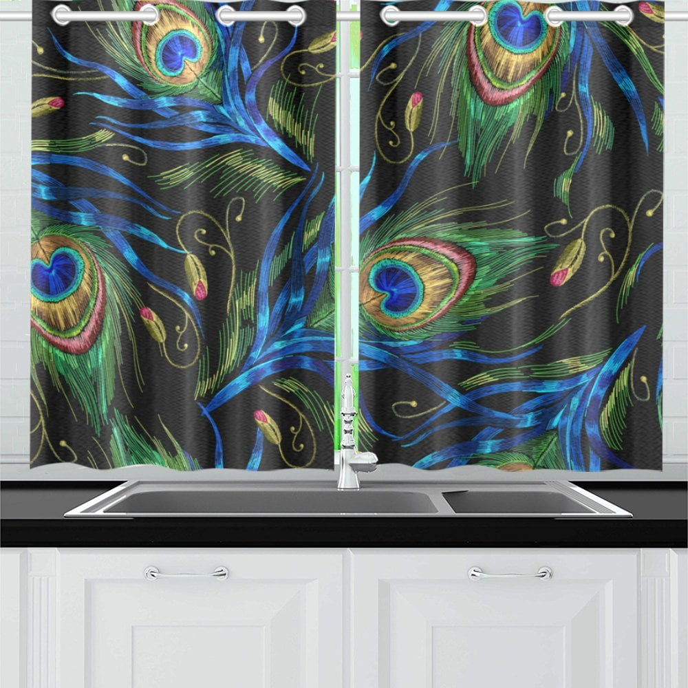YUSDECOR Peacock Feather Window Curtain Kitchen Curtains Window ...