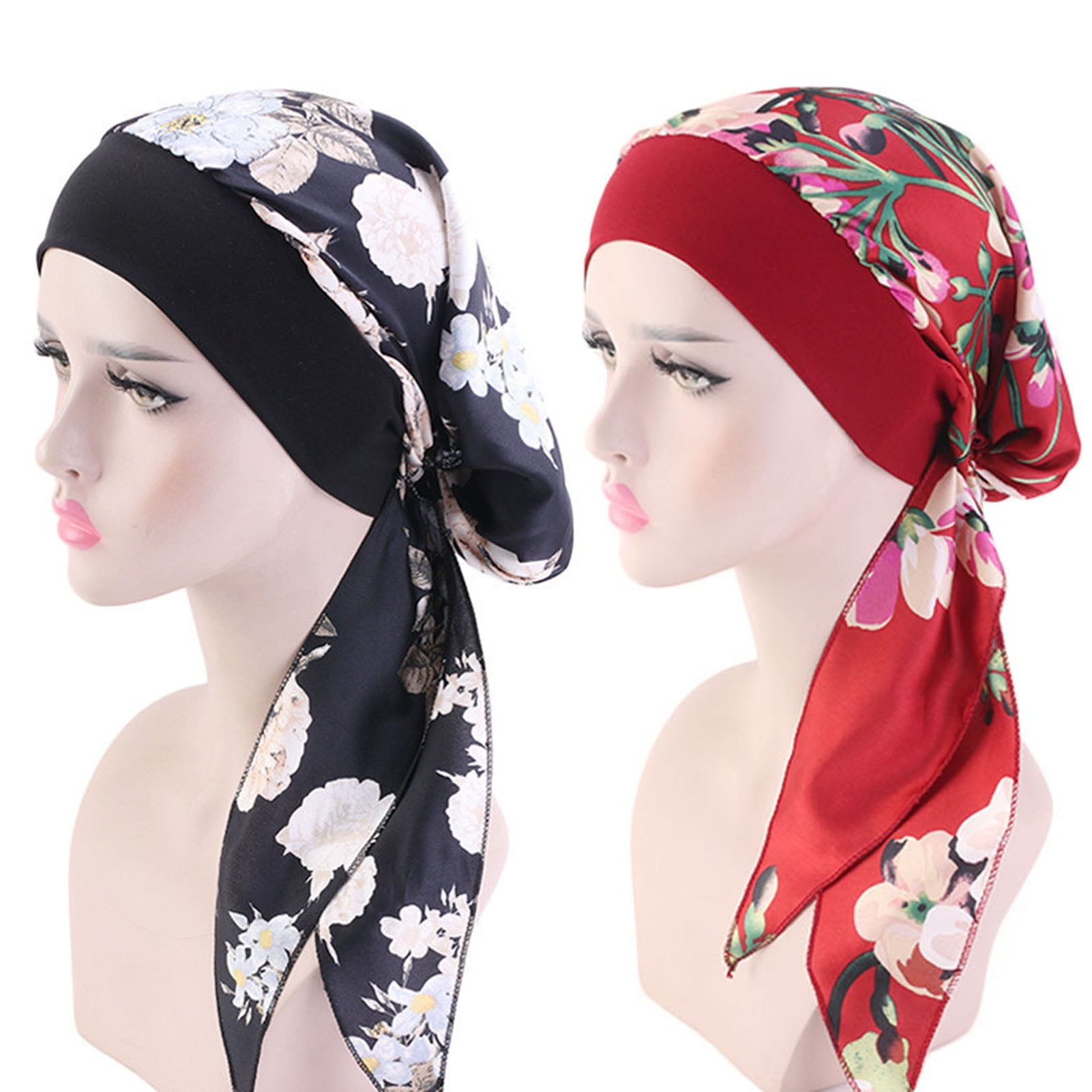 rygai Women Bonnet Vintage Imitation Silk Floral Print Long Hair Lady ...