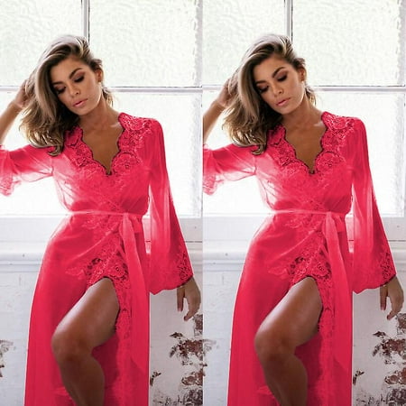 Rose RedMWomen Sexy Sheer Lace Wrap Bathrobe Maxi Gown Sleepwear ...