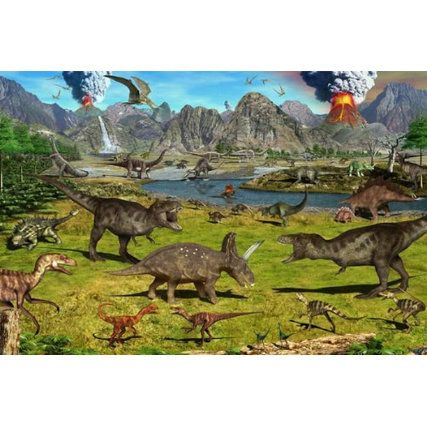 Dinosaur Volcanoes Murals Poster Prehistoric Kids Favorite Colorful 24 ...