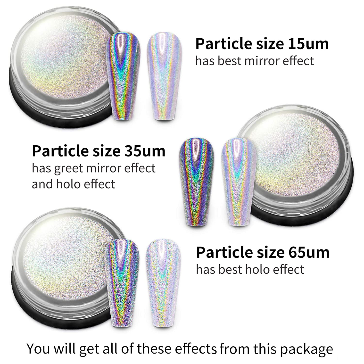 Buy 3jars holographic nail powder chrome 1gram each,unicorn holo ...