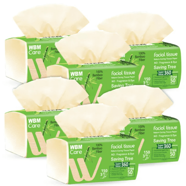 WBM 100% Bamboo Fiber 3-Ply Facial Tissues, 150 Tissues Per Box,6 Packs ...