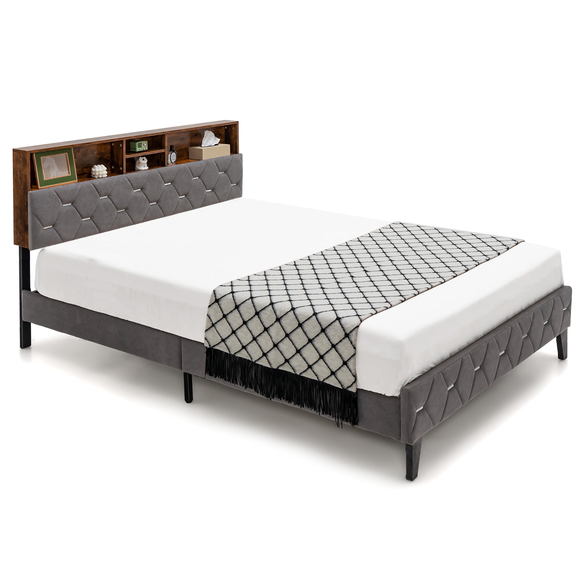 Costway Queen Bed Frame Upholstered Platform Mattress Foundation with ...
