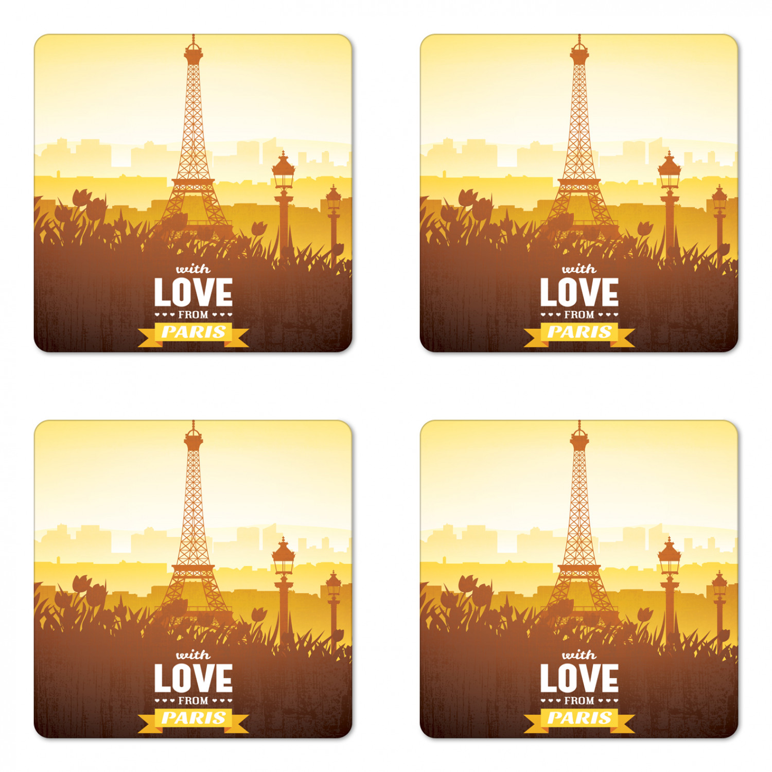 Paris Coaster Set of 4, Eiffel Tower with Tulip and City Silhouette ...