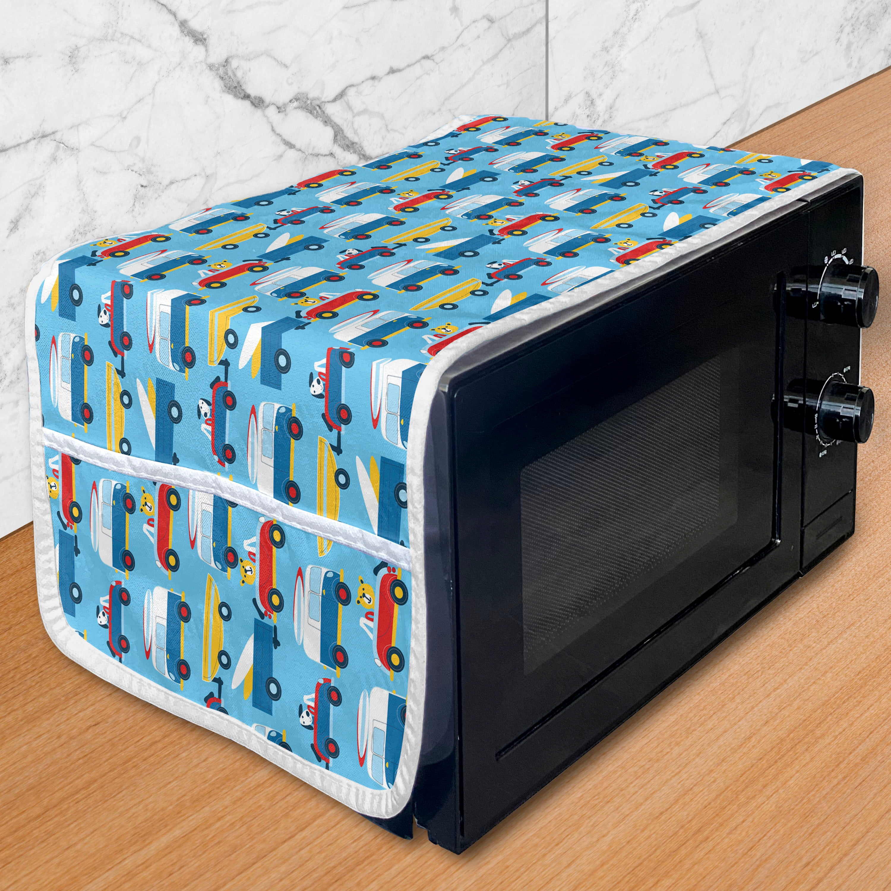 Cartoon Microwave Oven Cover, Puppy in Cars Traffic Jam Surfboard Beach ...