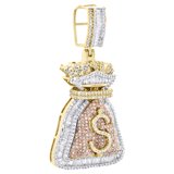 10K Yellow Gold Round & Baguette Diamond Money Bag Pendant 1.75" Charm ...