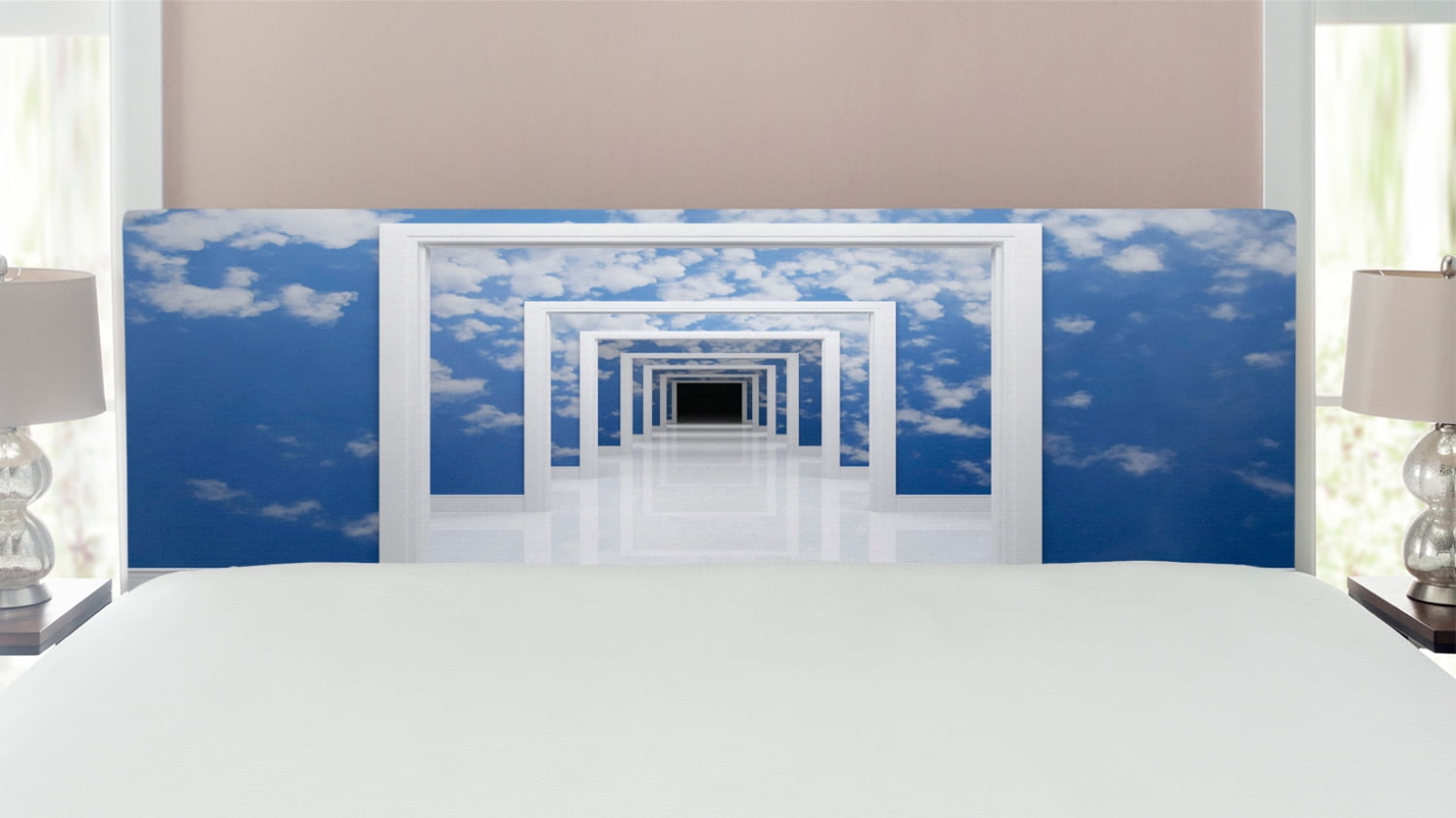 Futuristic Headboard, Sky Clouds Picture on Walls of Doorless Entrances ...